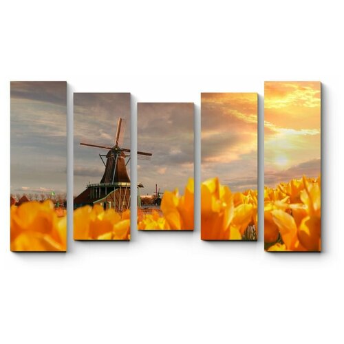 Модульная картина Ветряная мельница и желтые тюльпаны на закате 180x108