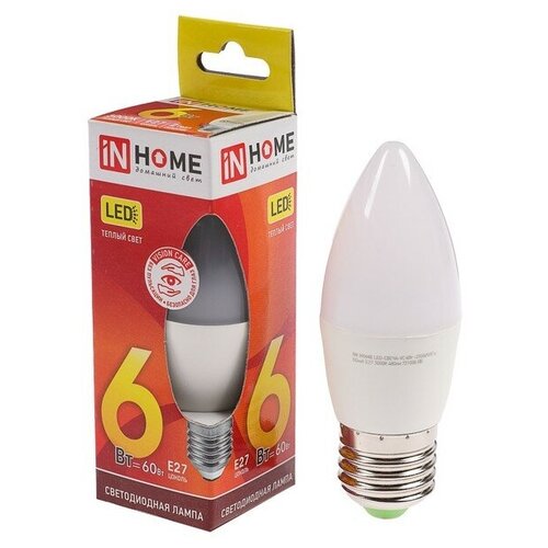 Лампа светодиодная IN HOME LED-СВЕЧА-VC, Е27, 6 Вт, 230 В, 3000 К, 540 Лм
