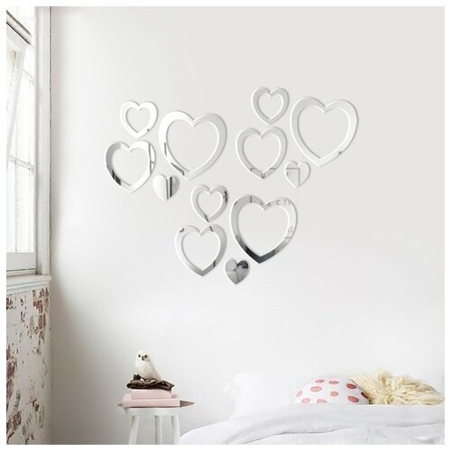 Наклейки интерьерные "Сердца", зеркальные, декор на стену, набор 12 шт, шт 5.5 - 14.6 см