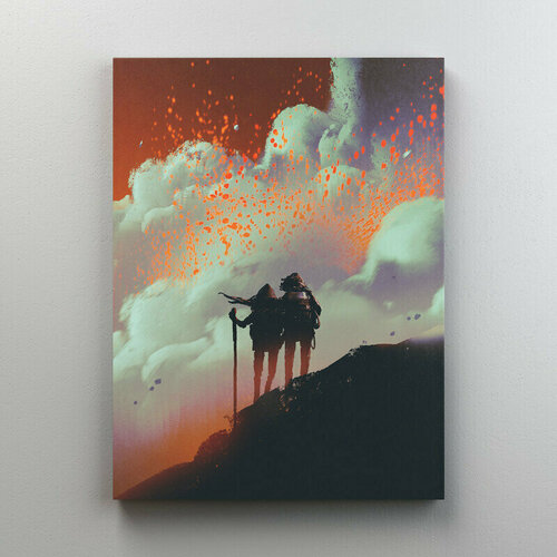 Интерьерная картина на холсте "Силуэты туристов, стоящих на горе и наблюдающих за дымом из вулкана" размер 45x60 см