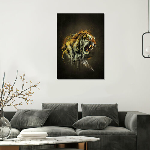 Интерьерная картина на холсте - Тигр рычит акварель краски арт 20х30