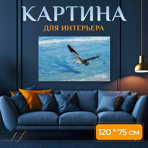 Картина на холсте "Пеликан, летающий, море" на подрамнике 120х75 см. для интерьера