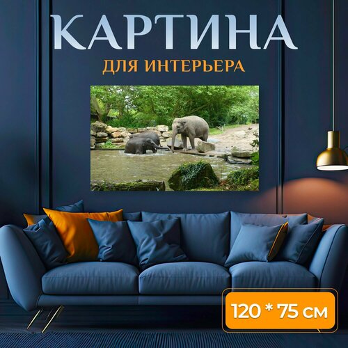 Картина на холсте "Слон, воды, плавательный" на подрамнике 120х75 см. для интерьера