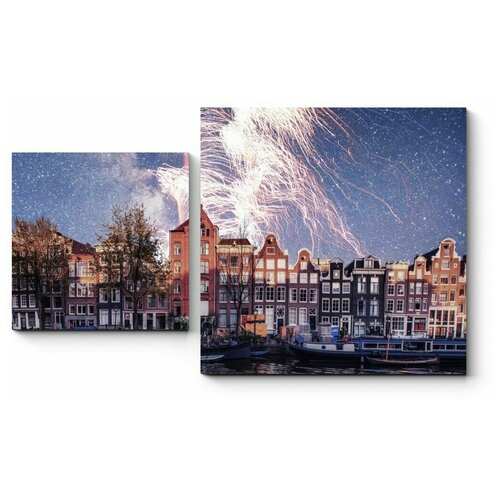 Модульная картина Яркий фейерверк в ночном небе Амстердама 180x108