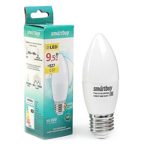 Лампа светодиодная Smartbuy, E27, C37, 9.5 Вт, 3000 К, теплый белый свет