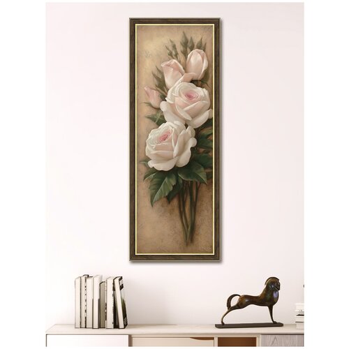 Картина на стену для интерьера "Розовые лепестки 2" 37х97 см, на бумажном холсте, в раме, вертикальная, в прихожую, в коридор, с цветами/Графис