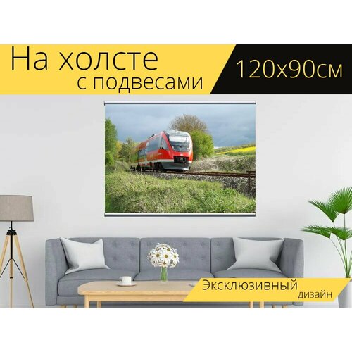 Картина на холсте "Тренироваться, дизельный многоканальный агрегат, региональный поезд" с подвесами 120х90 см. для интерьера