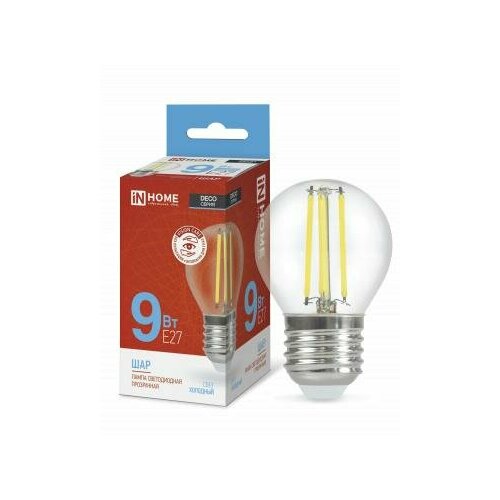 Лампа светодиодная LED-ШАР-deco 9Вт шар прозрачная 6500К холод. бел. E27 1040лм 230В IN HOME 4690612036441