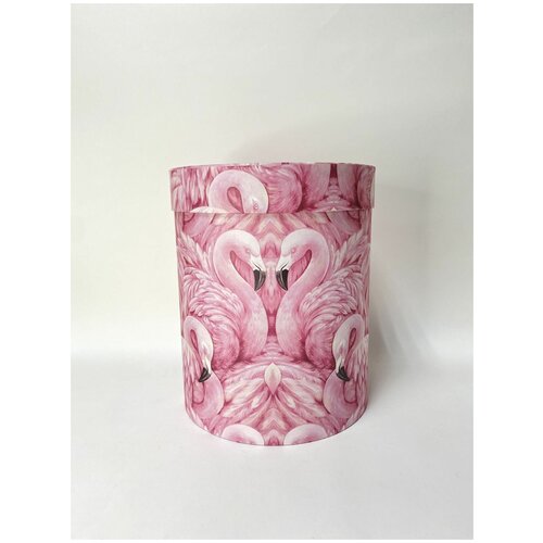 Коробка для подарков из картона с крышкой, шляпная, круглая, с рисунком фламинго, 20х25 см, розовая