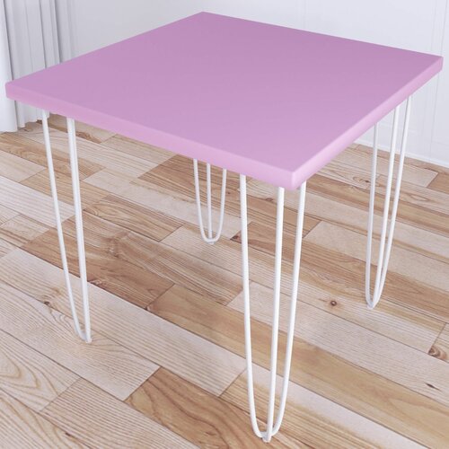 Стол кухонный Loft с квадратный столешницей розового цвета из массива сосны 40 мм и белыми ножками-шпильками, 75x75х75 см