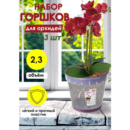 Горшки для орхидеи прозрачные 2,3л - 3шт. цвет фиолетовый