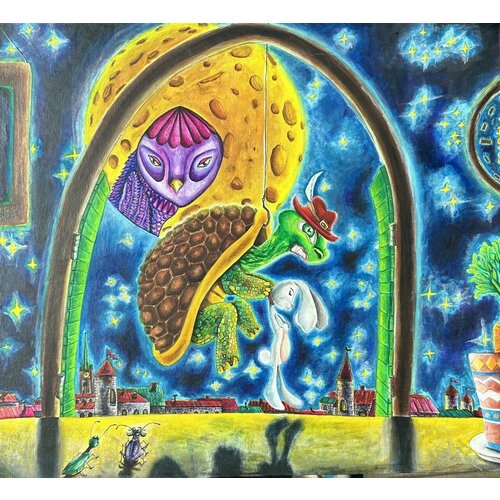 Картина авторская "Лунный соглядатай", оргалит, акрил, 2022г, 60х68см, художник Ипаев Евгений