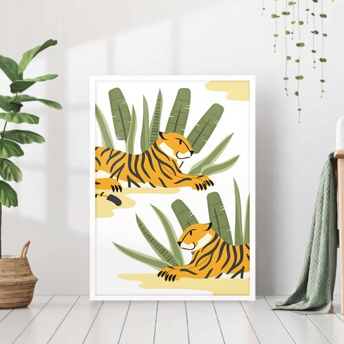 Постер "Тигры в саванне" 50 на 70 в белой рамке / Картина для интерьера / Плакат / Постер на стену / Интерьерные картины