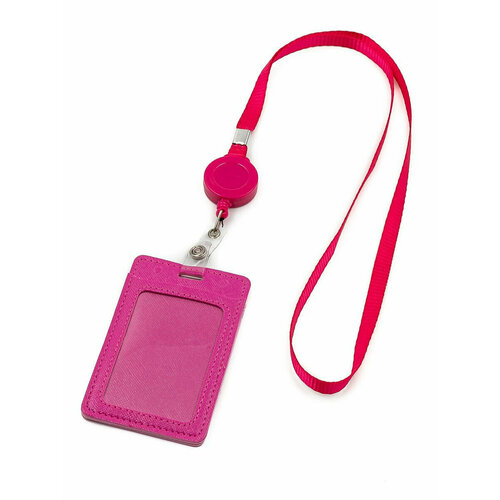 Бейдж для пропуска на ленте / Бейджик с рулеткой-ретрактором и карманом для карт (розовый)
