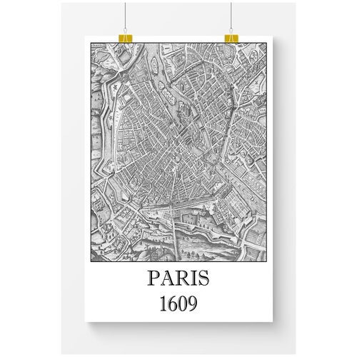 Постер на стену для интерьера Postermarkt Старая карта Парижа 1609 год, размер 50х70 см, постеры картины для интерьера в тубусе