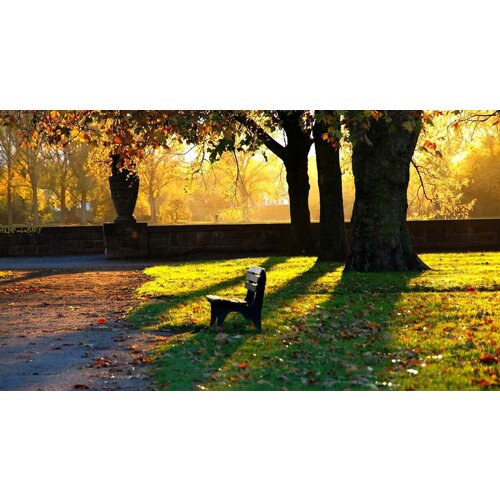 Картина на холсте 60x110 Альянс Лес "Осень парк скамейка вечер" на подрамнике / интерьер/ декор