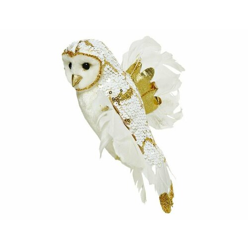 Ёлочная игрушка золотистая сова маленькая, перо, полиэстер, 13 см, Kaemingk (Decoris)