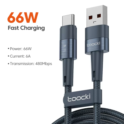 Кабель Toocki, USB-A - Type-C, 6A, 66W, 1м, синий, нейлоновая оплетка, TXCT-YS03