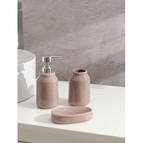 Набор аксессуаров для ванной комнаты Доляна «Глянец», 3 предмета (мыльница, дозатор для мыла 350 мл, стакан), цвет кофейный