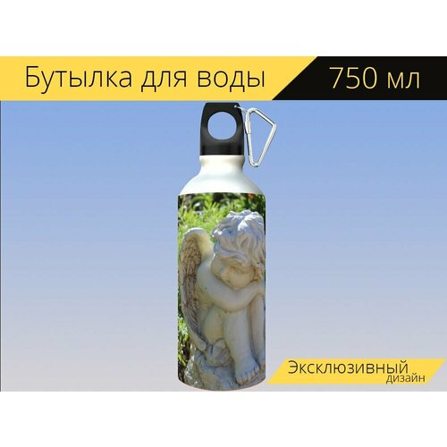 Бутылка фляга для воды "Ангел, сад, летом" 750 мл. с карабином и принтом