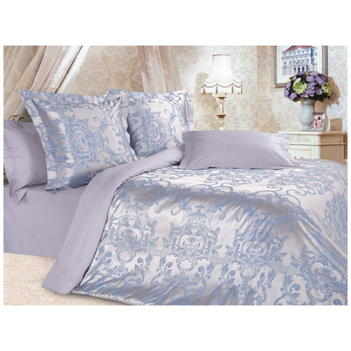 Комплект постельного белья ECOTEX Эстетика Севилья, 2-спальное с европростыней, сатин-жаккард, фиолетовый/голубой