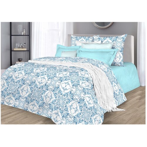 Комплект постельного белья Guten Morgen 884, 2-спальное с европростыней, поплин, голубой/белый