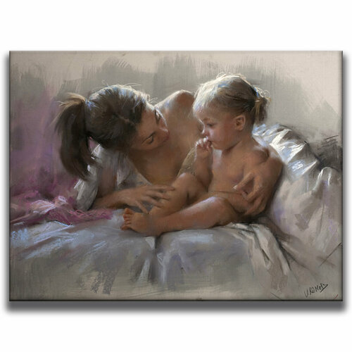 Картина для интерьера на холсте "Девушка с дочерью" Висенте Ромеро Редондо 30х39, холст натянут на подрамник