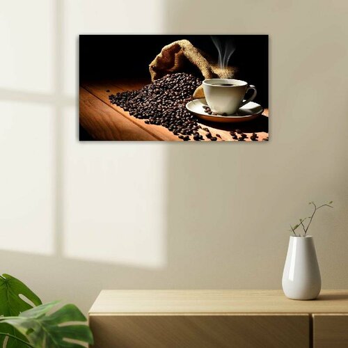 Картина на холсте 60x110 LinxOne "Кофе зерно Чашка Пища Доски" интерьерная для дома / на стену / на кухню / с подрамником