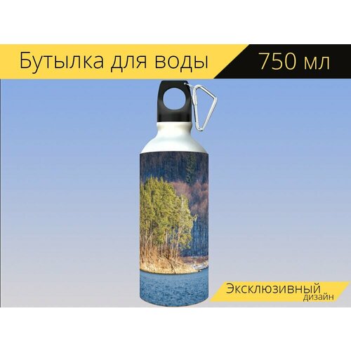 Бутылка фляга для воды "Зима, озеро, природа" 750 мл. с карабином и принтом