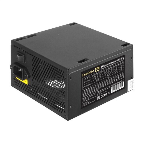 Блок питания 400W ExeGate 400PPE (ATX, APFC, PC, КПД 80% (80 PLUS), 12cm fan, 24pin, (4+4)pin, PCI-E, 5xSATA, 3xIDE, black, кабель 220V в комплекте) EX260638RUS-PC