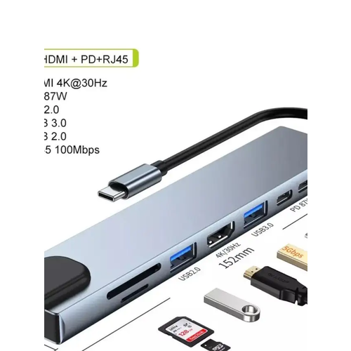 USB- Хаб Картридер USB Type-c разветвитель, HDMI SD, 8в1