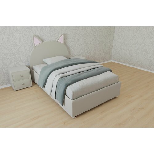Двуспальная кровать Китти 140x200 с подъемным механизмом и с коробом для белья велюр бежевый ножки 13 см хром
