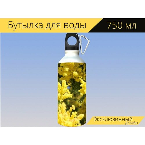 Бутылка фляга для воды "Мимоза, цветок, май" 750 мл. с карабином и принтом