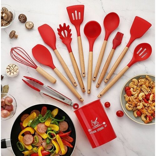 Антипригарный набор кухонных принадлежностей из 12 штук, пищевой силикон, круглая подставка стакан, подарочный, цвет красный