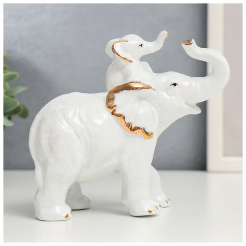 Friendstyle Сувенир керамика "Белый слон золотые ушки со слонёнком" 12х13х6,3 см