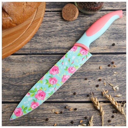 Нож кухонный с антиналипающим покрытием Доляна "Цветочки", лезвие 20 см
