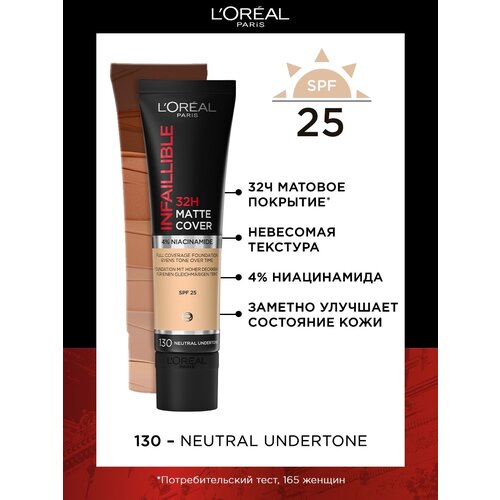 L'Oreal Paris, Ультраматирующий cтойкий тональный крем INFAILLIBLE 32ч Матовое Покрытие, тон 130, SPF 18, 30мл