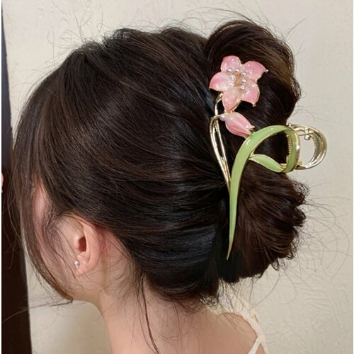 Заколка краб 880 для волос металлическая цветок розовый