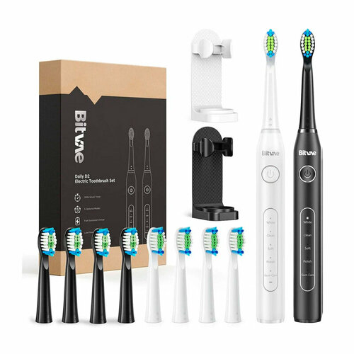 Набор электрических зубных щеток Bitvae D2 Daily Toothbrush (2 подставки + 8 насадок + 2 колпачка для насадок) GLOBAL, белая и черная