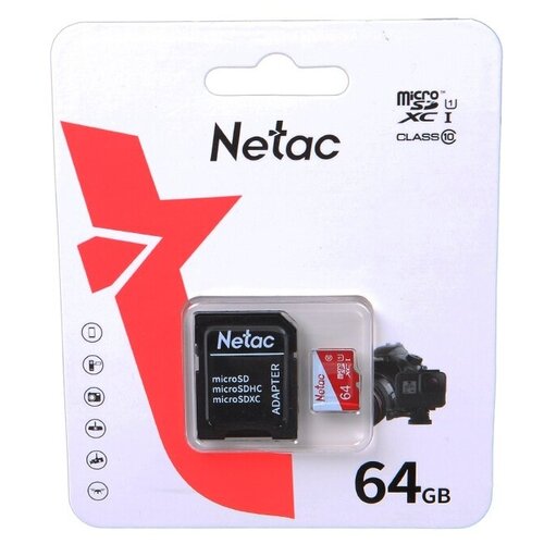 Карта памяти 64Gb - Netac MicroSD P500 Eco UHS-I Class 10 NT02P500ECO-064G-R + с переходником под SD