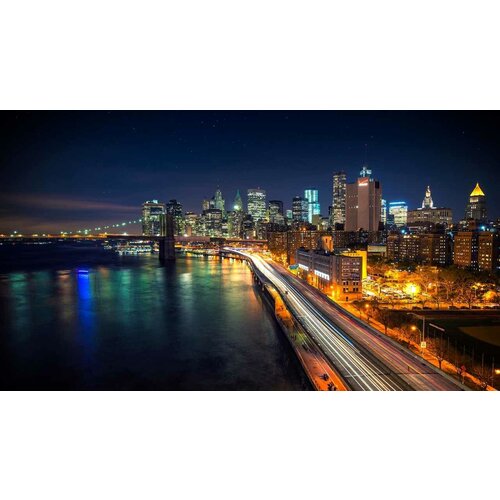 Картина на холсте 60x110 LinxOne "Город мост Manhattan дома" интерьерная для дома / на стену / на кухню / с подрамником