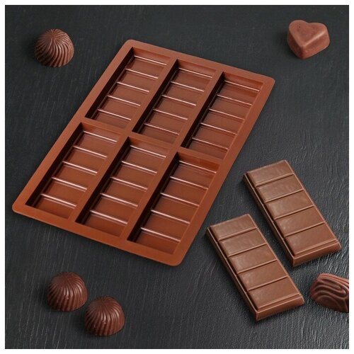 Форма силиконовая для шоколада «Плитка», 26?17?1,5 см, 6 ячеек (11,3?4,4 см), цвет шоколадный