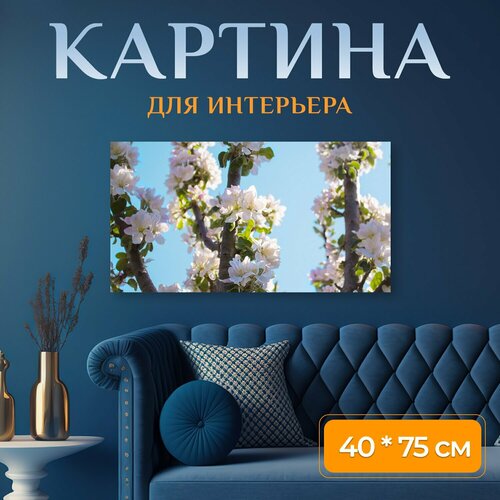 Картина на холсте "Яблоня, весна, ветвь" на подрамнике 75х40 см. для интерьера