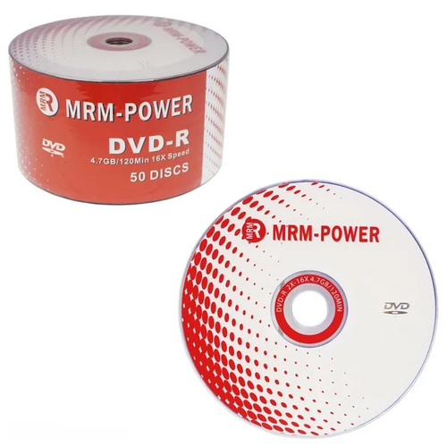 Диск оптический для записи MRM-POWER DVD-R "16X, 4.7GB, 120 мин", 50 штук