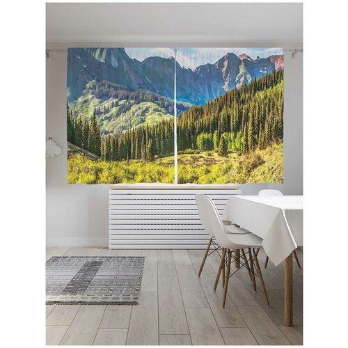 Классические шторы JoyArty "Лесная стена перед горами", серия Oxford DeLux, 2 полотна 145x180 см