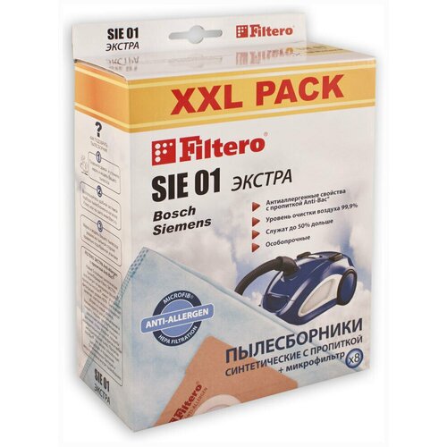 Пылесборник Filtero SIE 01 XXL PACK, экстра синтетические (8 шт.) + фильтр, для пылесосов Bosch, Siemens