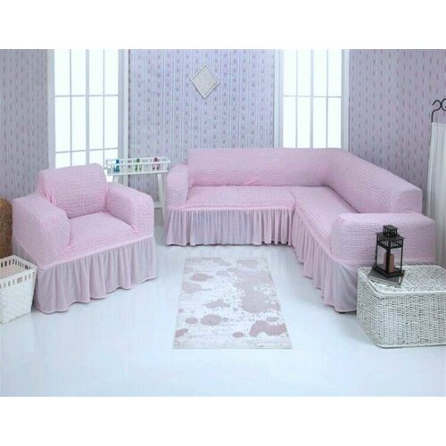 «ЧК17207» Комплект чехлов с оборкой, на угловой диван и кресло, розовый