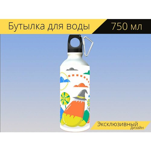 Бутылка фляга для воды "Конфеты, сладости, сладость" 750 мл. с карабином и принтом