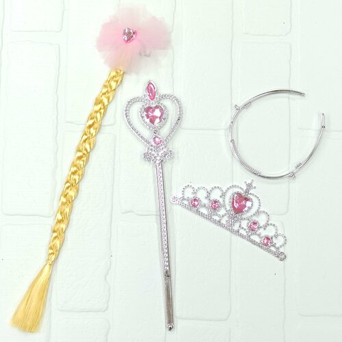 Набор карнавальных аксессуаров, 3 предмета: коса, корона, палочка, цвет: розовый