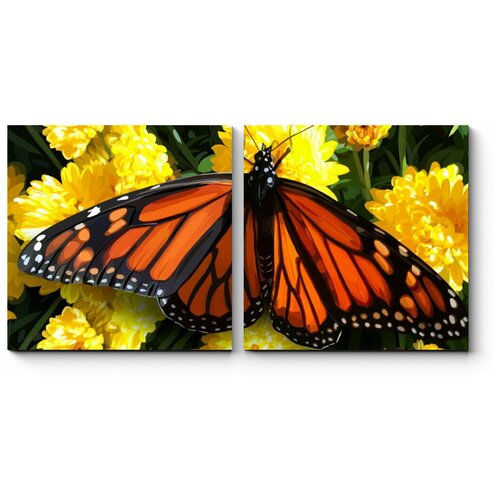 Модульная картина Красивая бабочка на желтых цветах 150x75